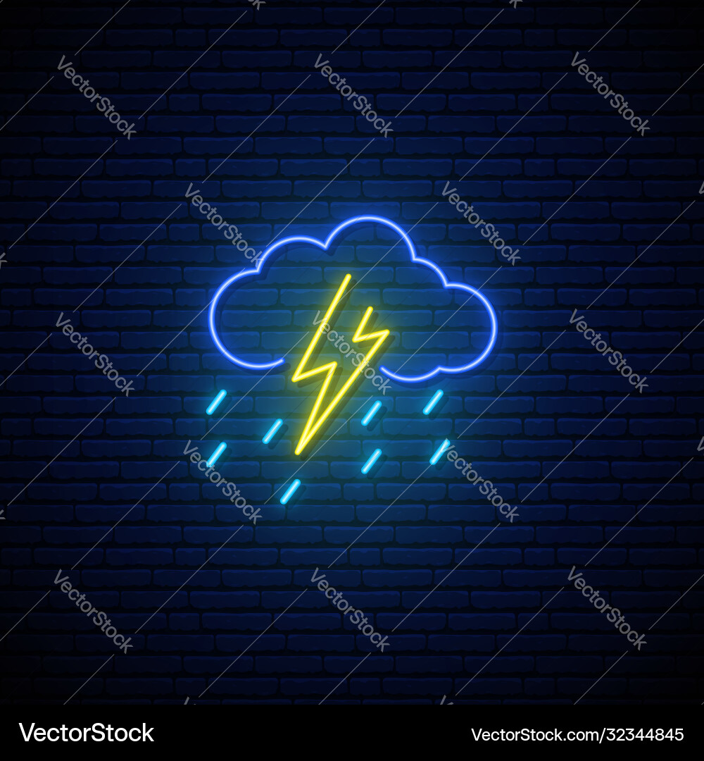 Weather neon sign glowing rain with thunder Vector Image