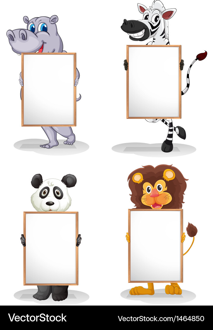 Four different animals with empty whiteboards Vector Image