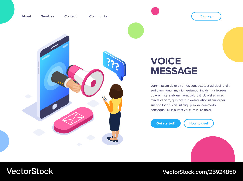 Isometric voice message concept megaphone in hand Vector Image