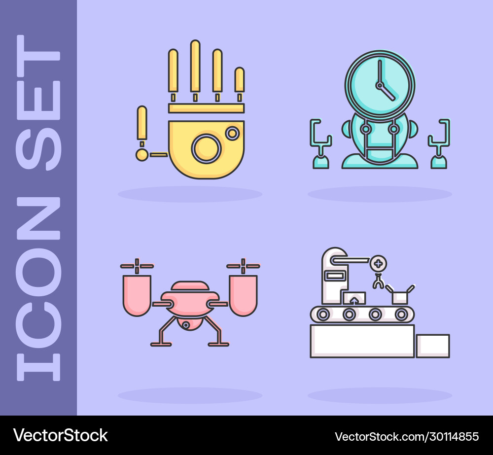 Set factory conveyor system belt mechanical robot Vector Image
