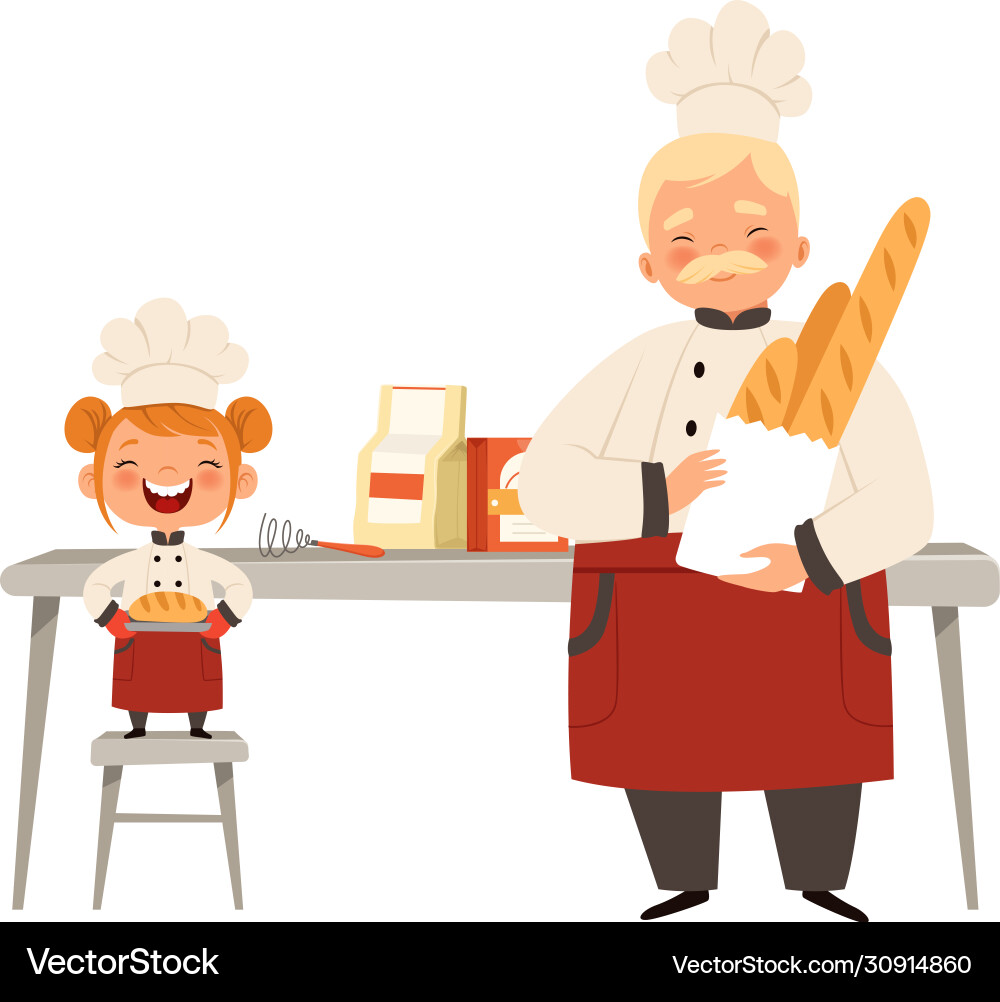 Baking workshop smiling girl and chef in uniform Vector Image