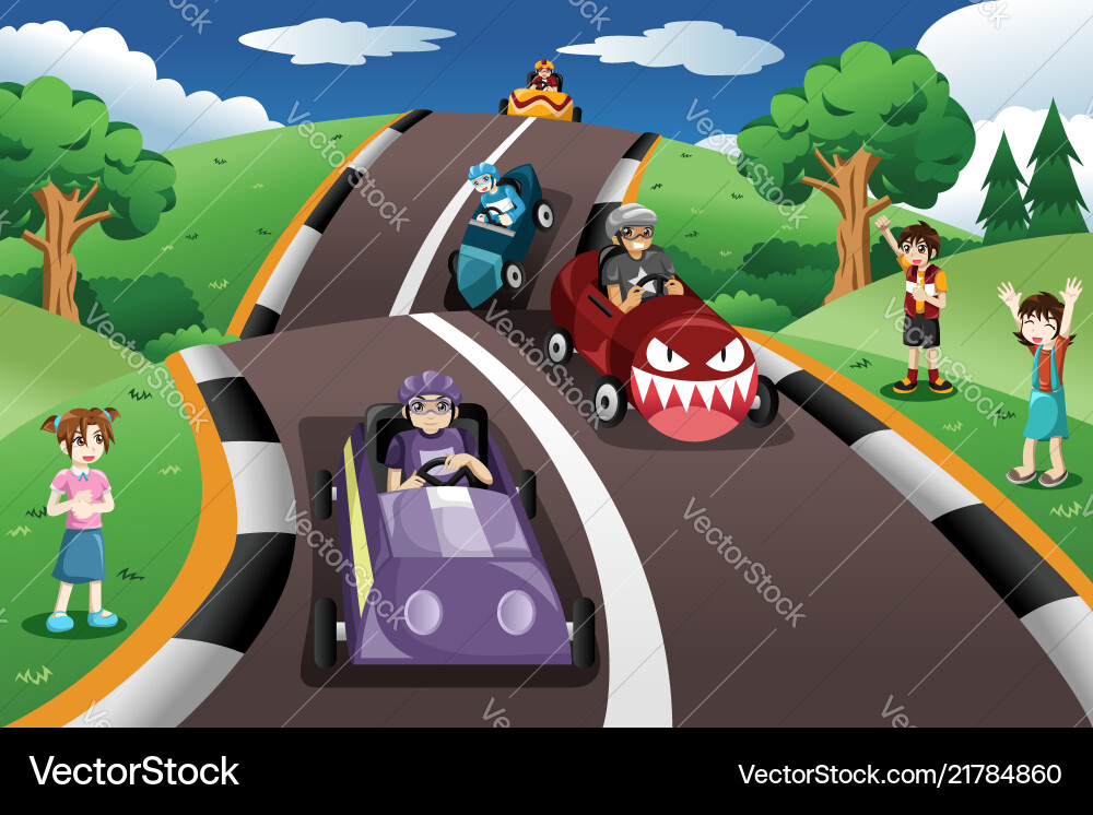 Kids in a box car race Royalty Free Vector Image
