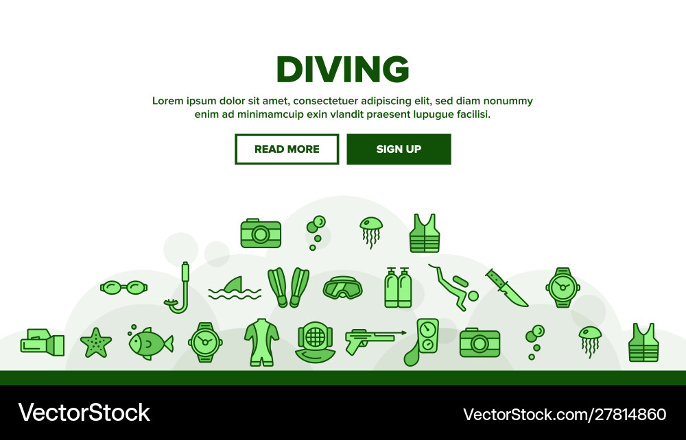 Scuba diving equipment linear icons set Royalty Free Vector