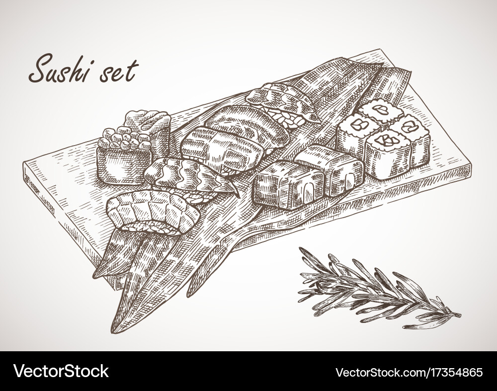 Hand drawn sushi set in sketch style Royalty Free Vector