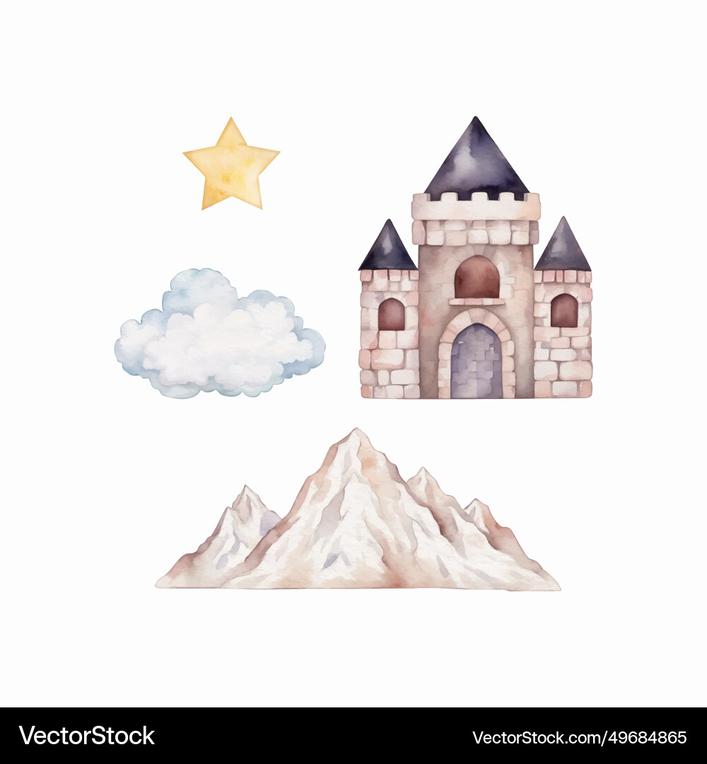 Watercolor cute castle mountain and cloud set Vector Image