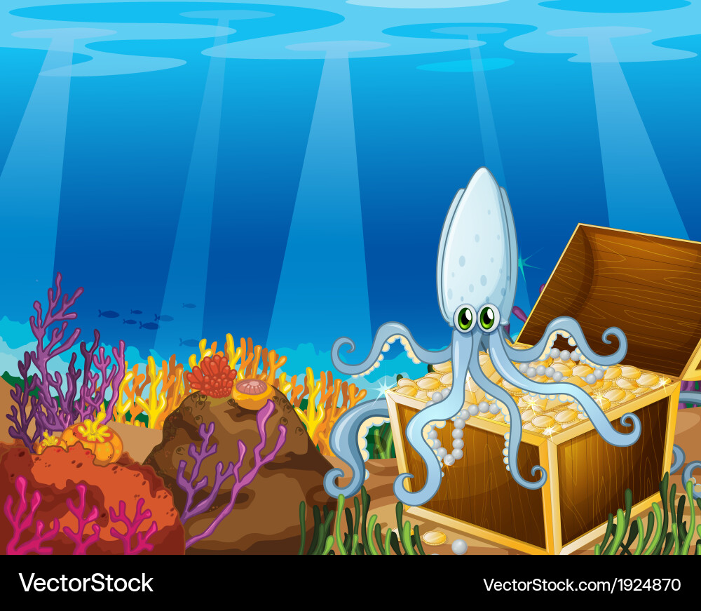 A treasure box under the sea with an octopus Vector Image