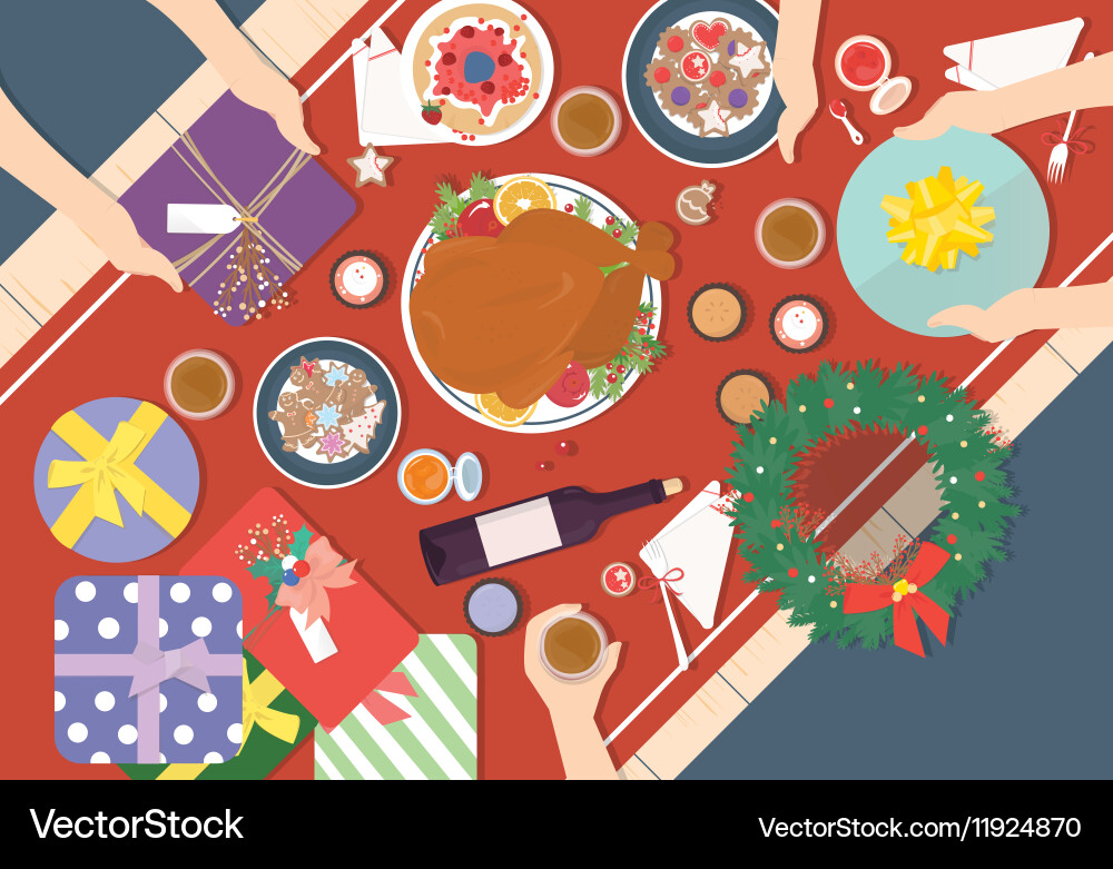 Christmas dinner on wood table design Royalty Free Vector