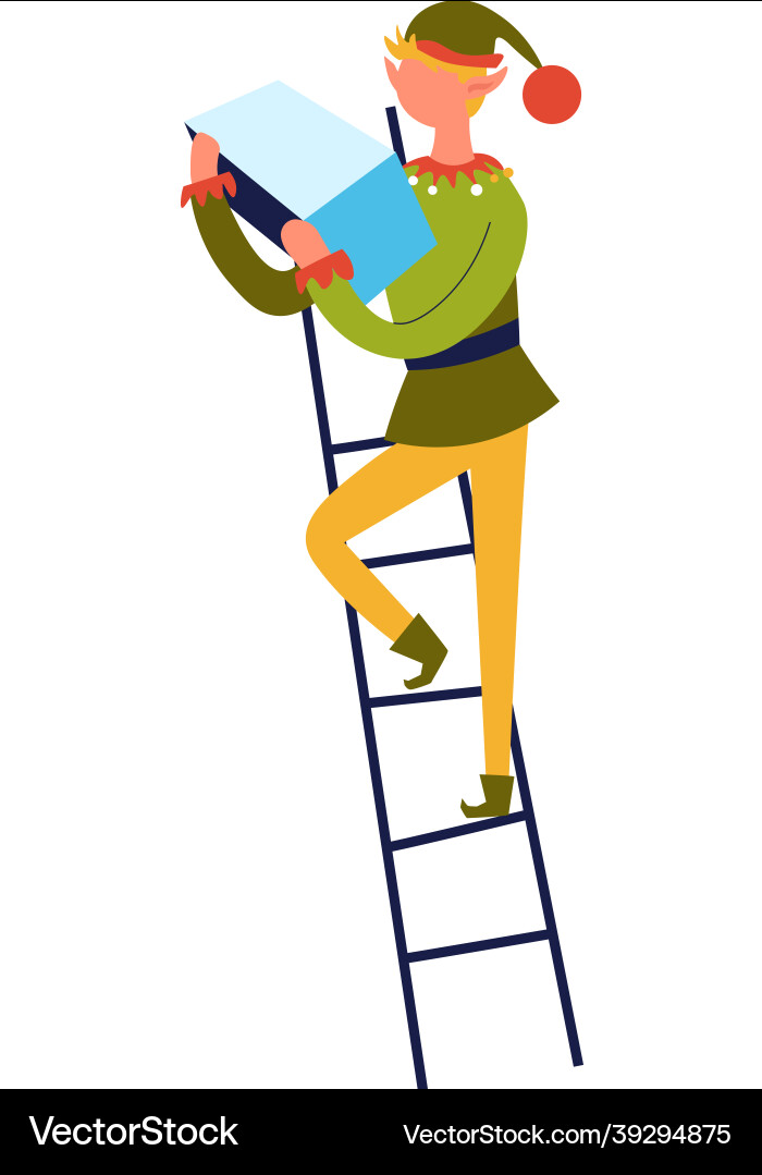 Elf with list standing on ladder xmas character Vector Image