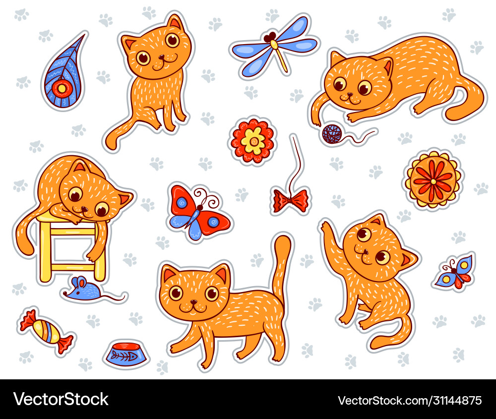 Set stickers with happy playing red cats Vector Image