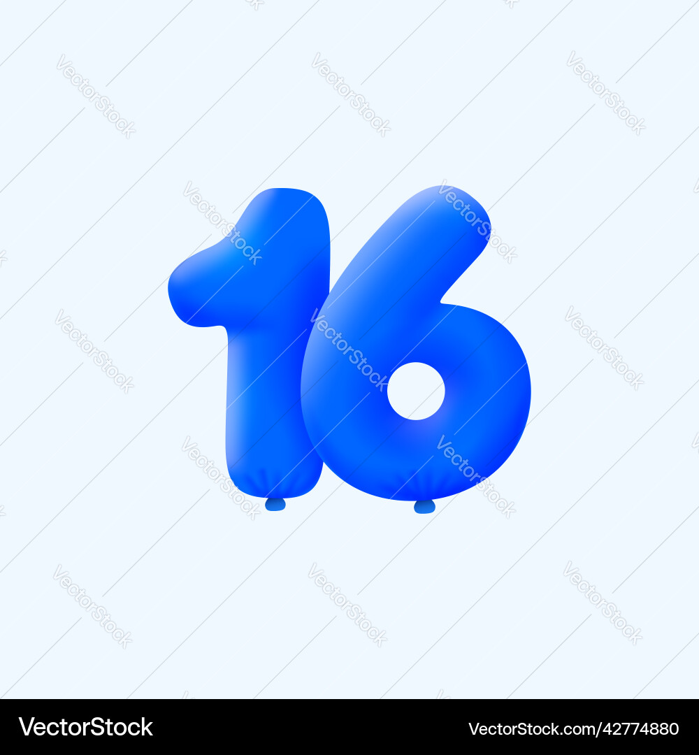 Blue 3d number 16 balloon realistic helium Vector Image