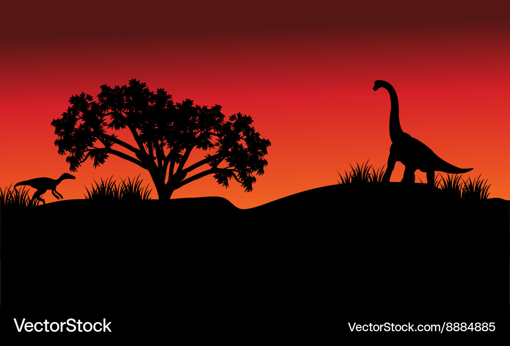 At morning silhouette eoraptor and brachiosaurus Vector Image