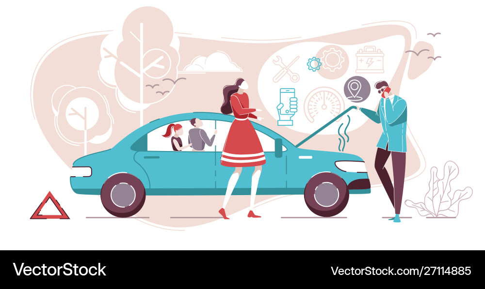 Car failure with couple standing near broken Vector Image