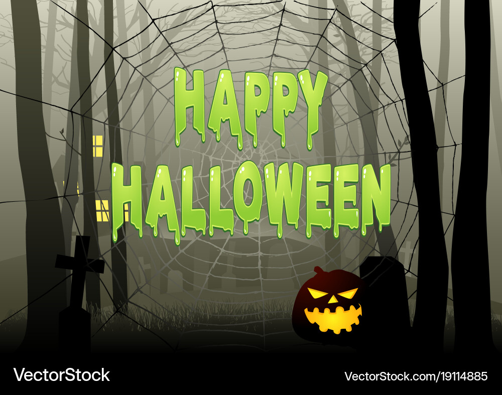 Happy halloween text on spider web in dark gloomy Vector Image