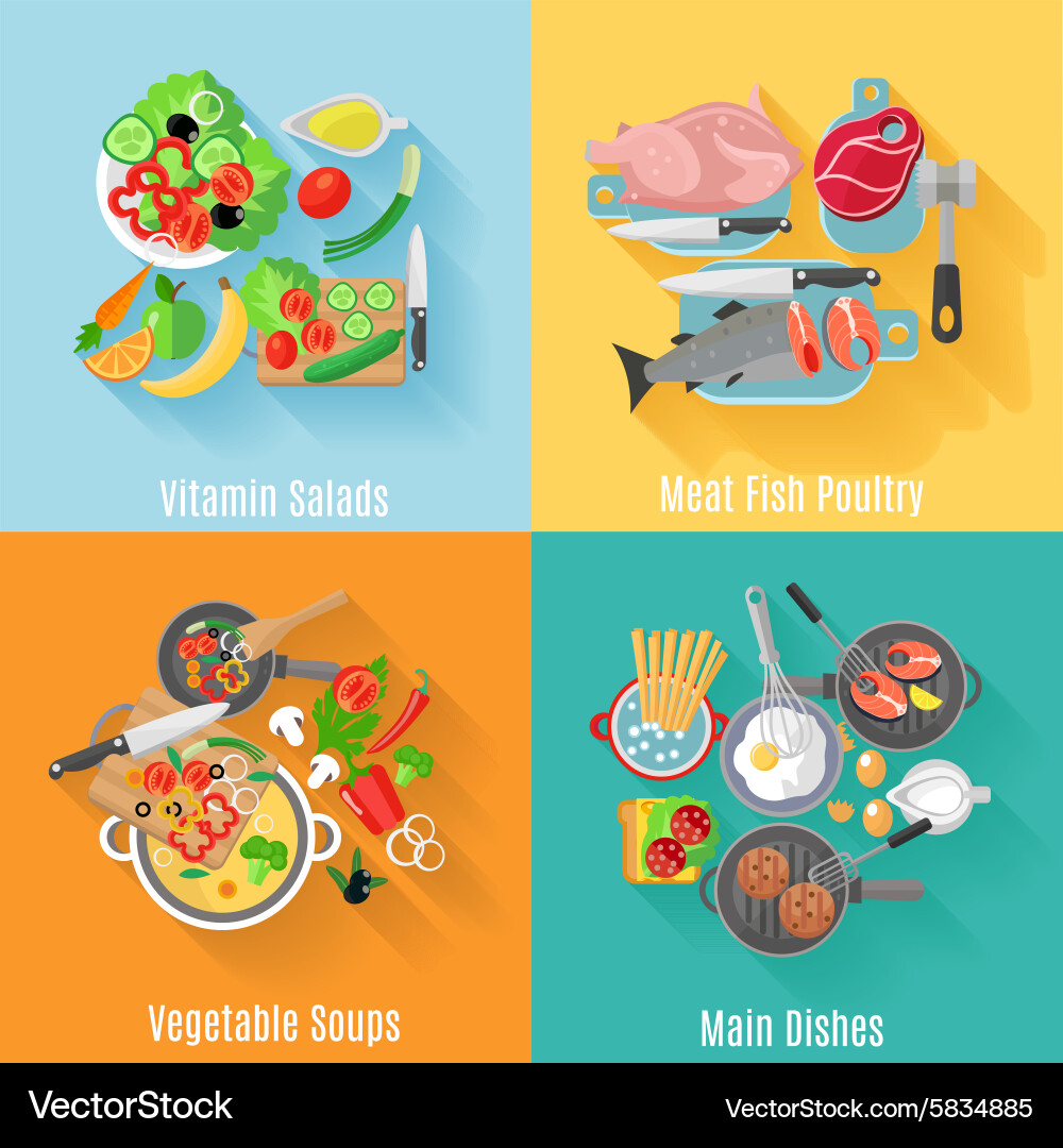Home cooking 4 flat icons square banner Royalty Free Vector