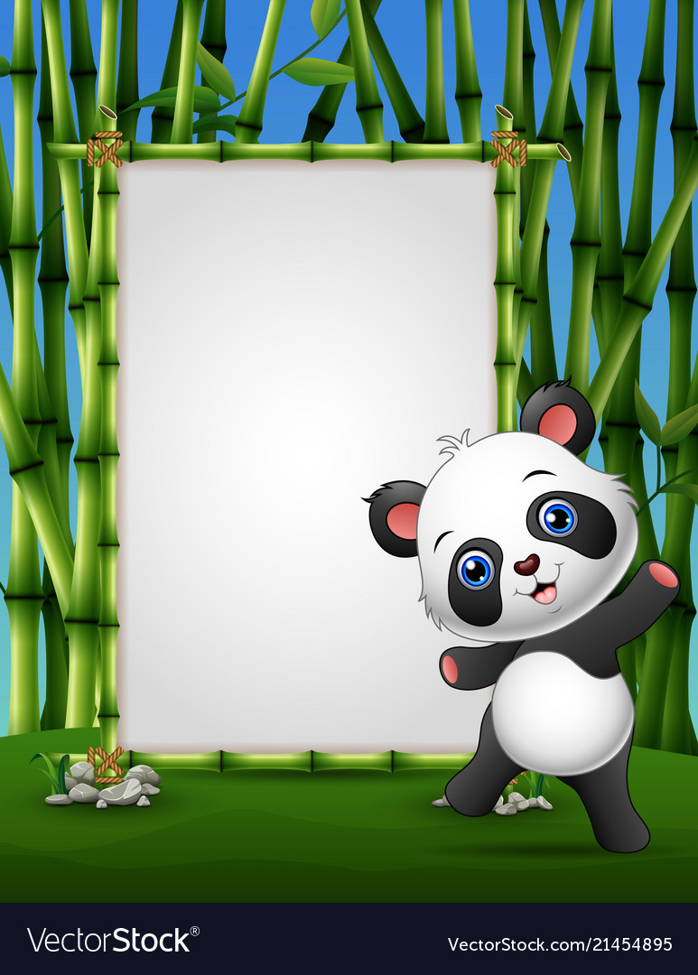 Cartoon panda standing on a bamboo frame Vector Image