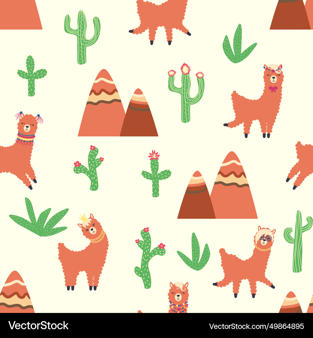 Cute pattern with llamas cacti alps mountains Vector Image