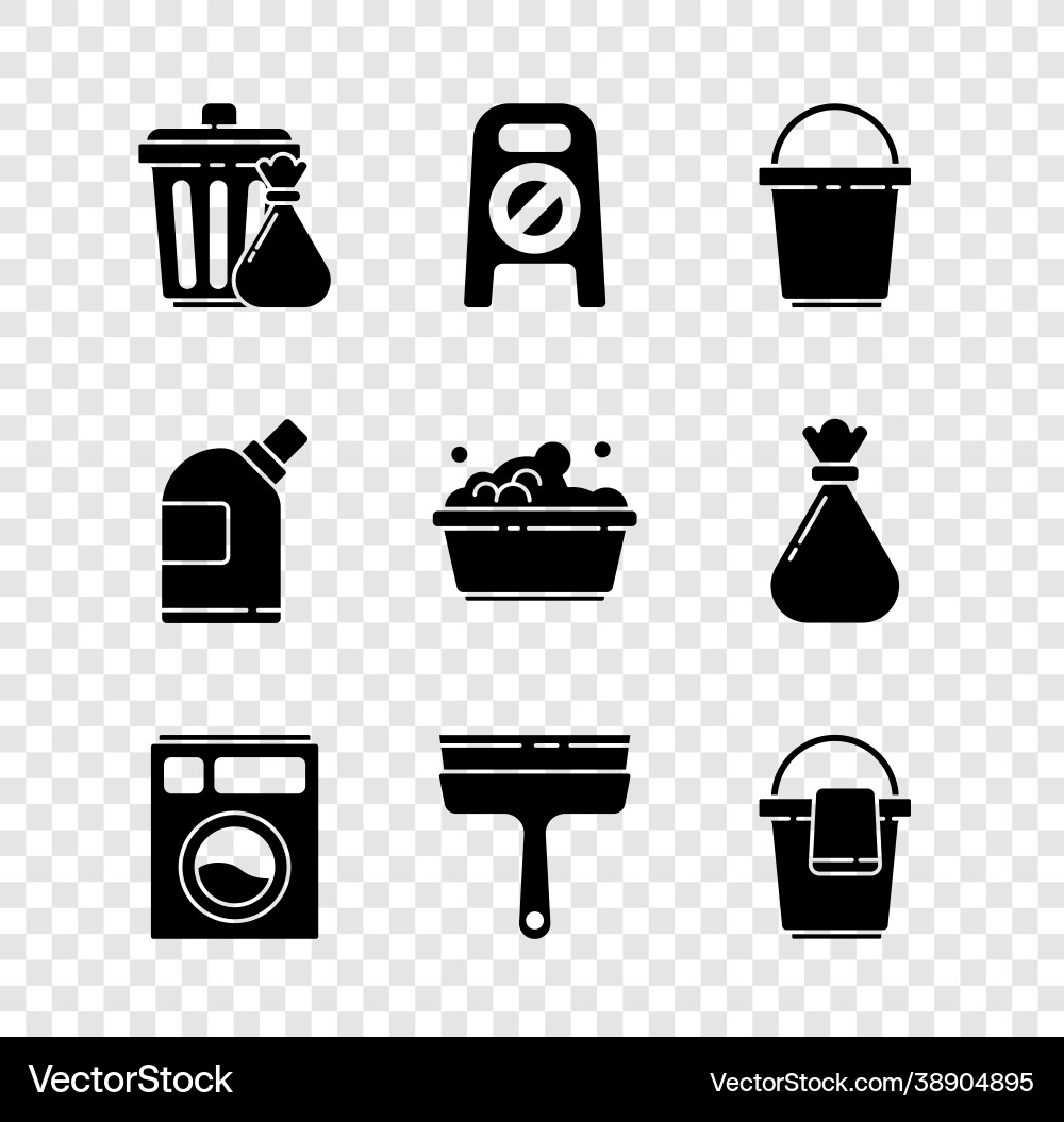 Set trash can and garbage bag wet floor cleaning Vector Image