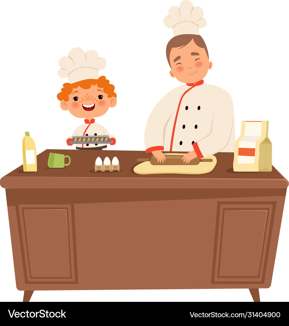 Boy chef cute kid and man cooking at kitchen Vector Image
