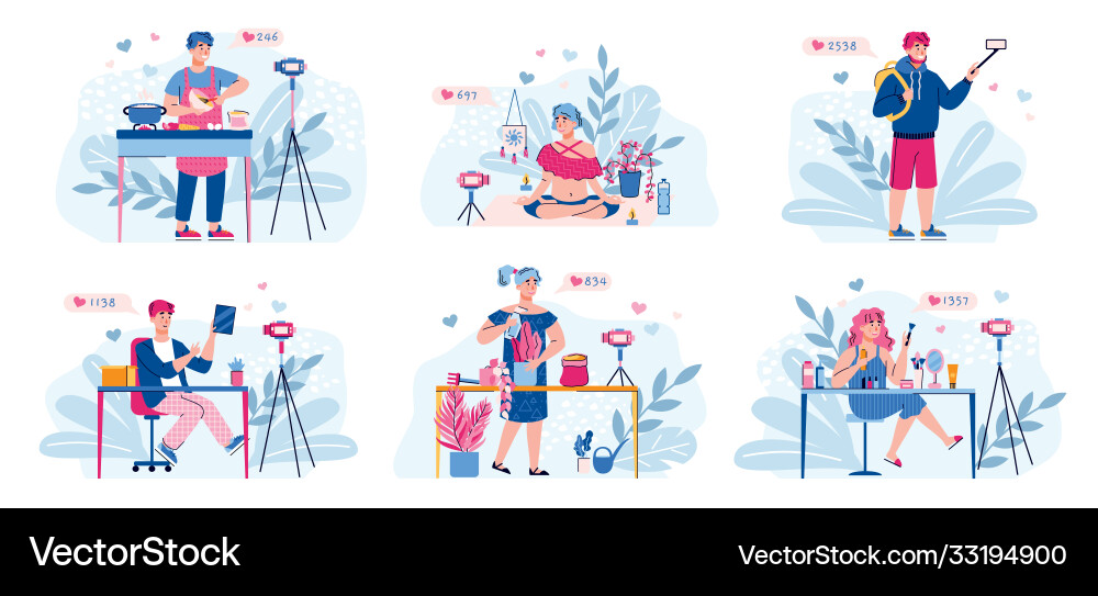 Set vloggers making online video and collecting Vector Image