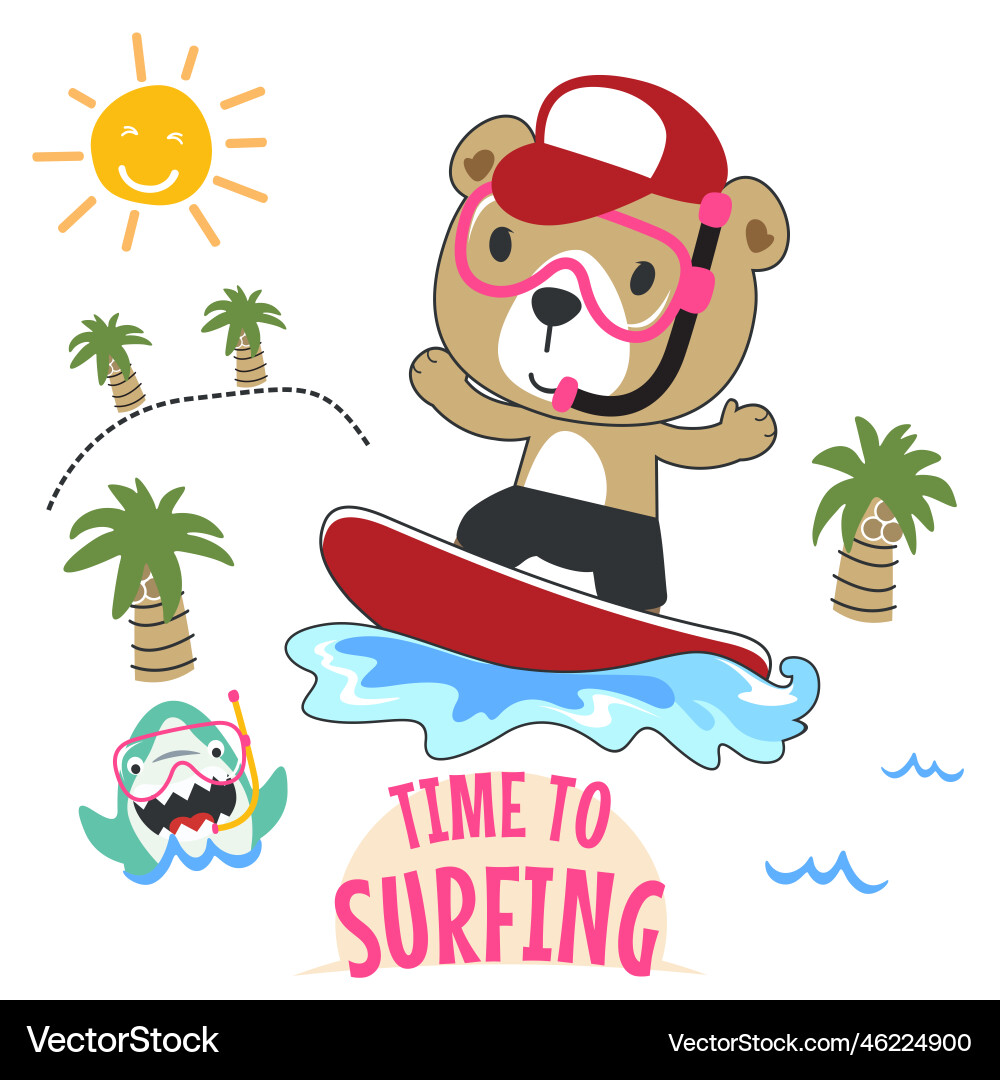 Surfing time with cute little bear at summer can Vector Image