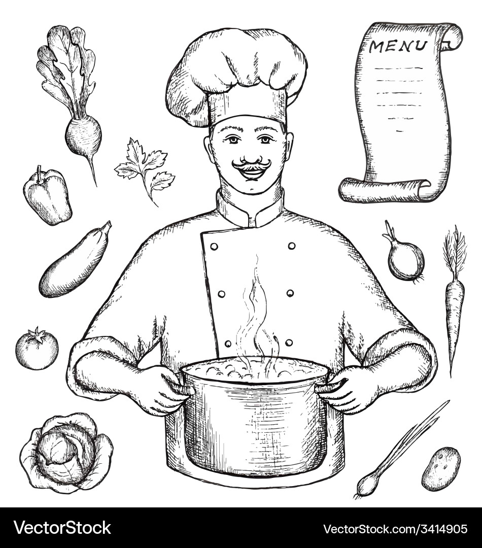 The main chef is holding a pot vegetable soup Vector Image