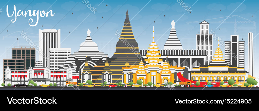 Yangon skyline with gray buildings and blue sky Vector Image