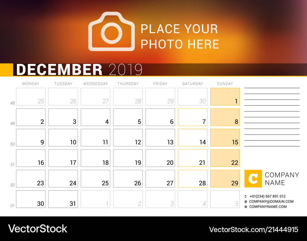 Calendar for december 2019 design print template Vector Image