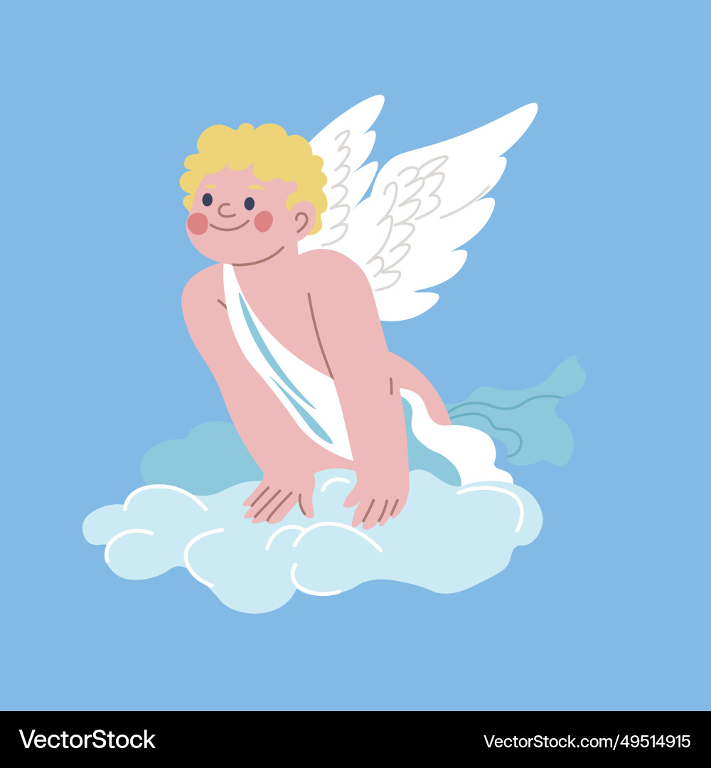 Excited angel boy sitting on clouds havens Vector Image