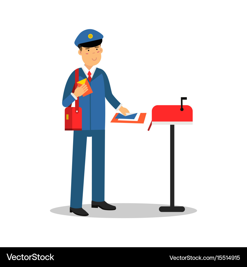 Postman in blue uniform putting letters in mailbox