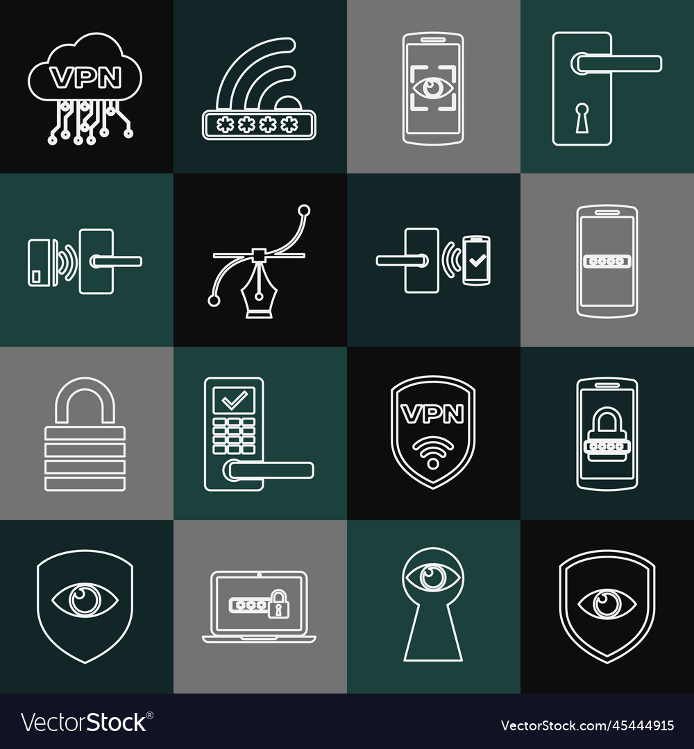 Set line shield and eye mobile password scan Vector Image
