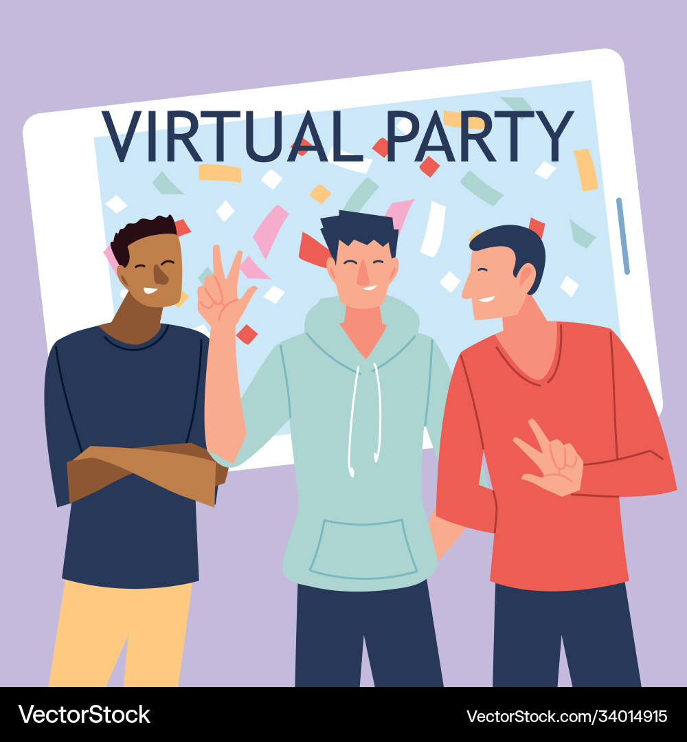 Virtual party men cartoons in front smartphone Vector Image