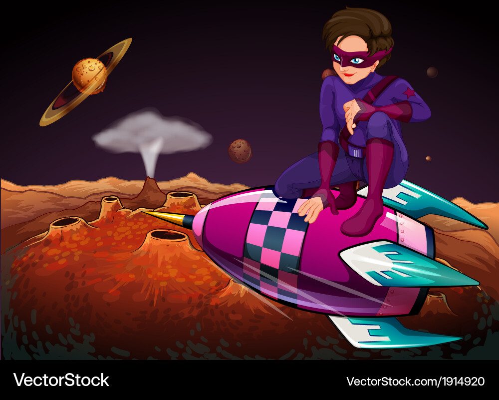 A superhero at the outerspace above spaceship Vector Image