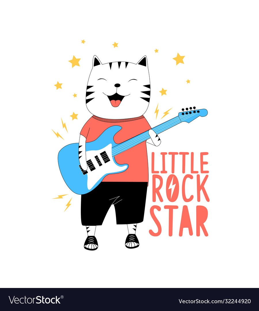 Hand drawn rock and roll elements cat Royalty Free Vector