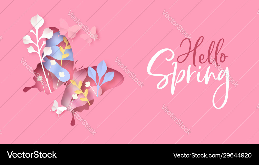 Hello spring pink flower butterfly paper cut card Vector Image
