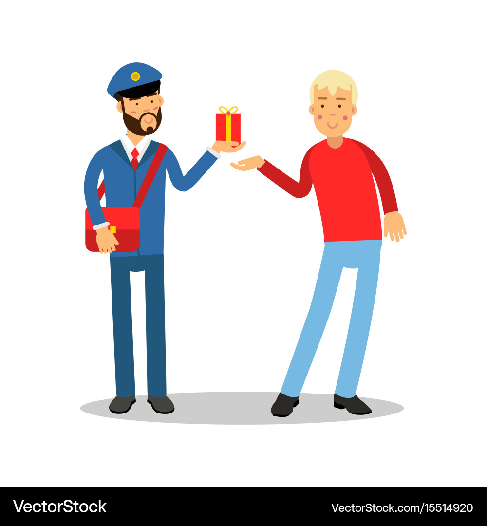 Postman in blue uniform with red bag giving a Vector Image