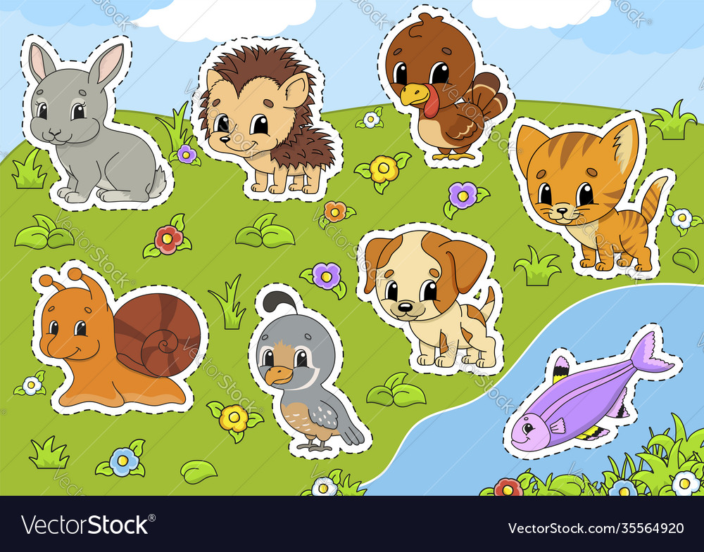 Set animals cute cartoon characters pet clipart Vector Image