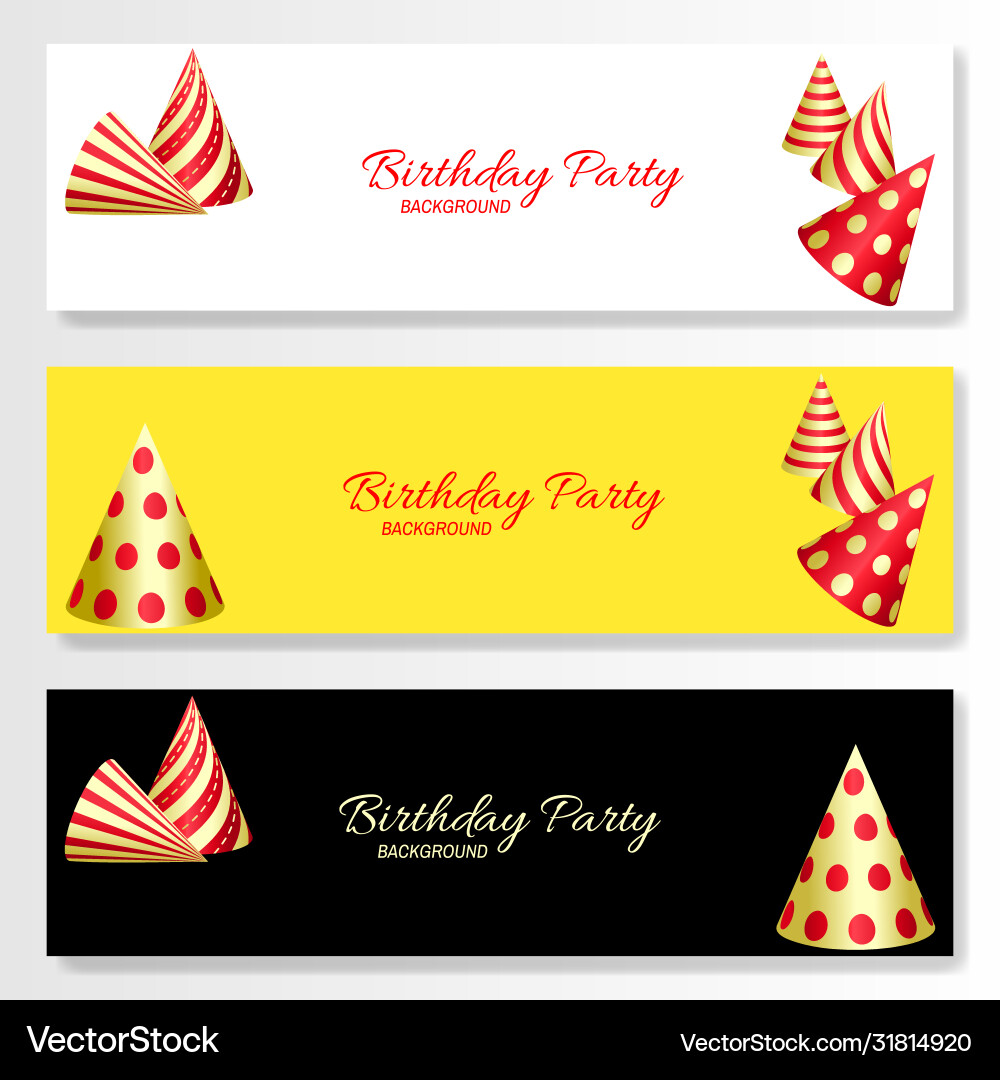 Set festive banners with party hats Royalty Free Vector