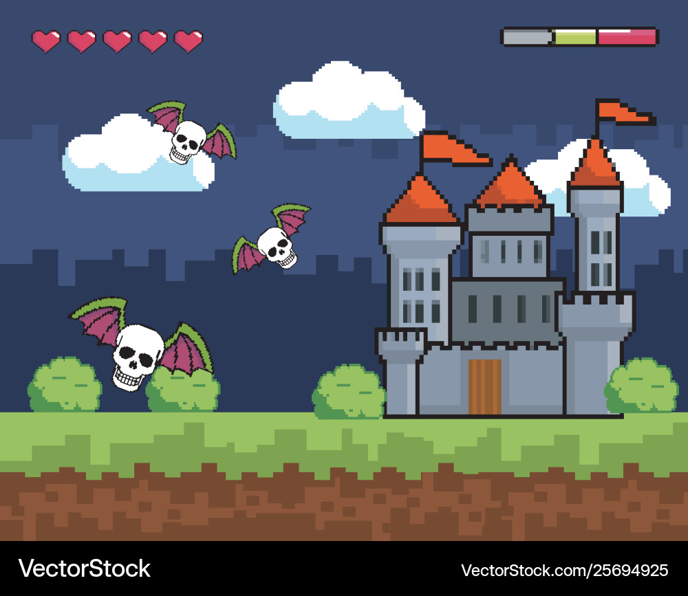 Arcade game world and pixel scene design Vector Image