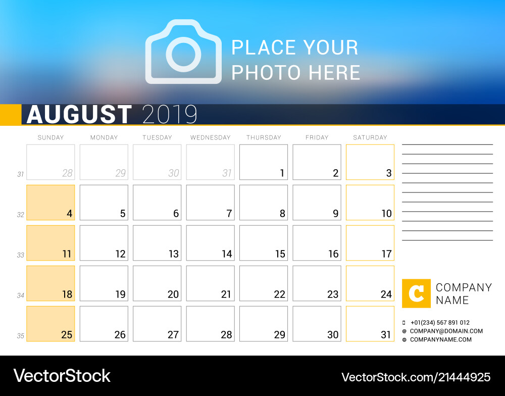 Calendar for august 2019 design print template Vector Image