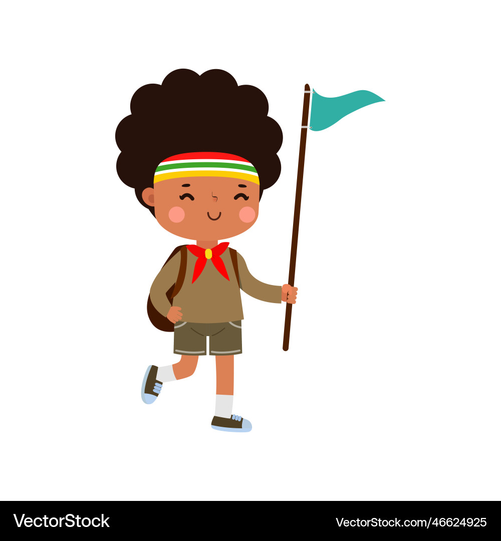Cute little boy scout with backpack and flag Vector Image