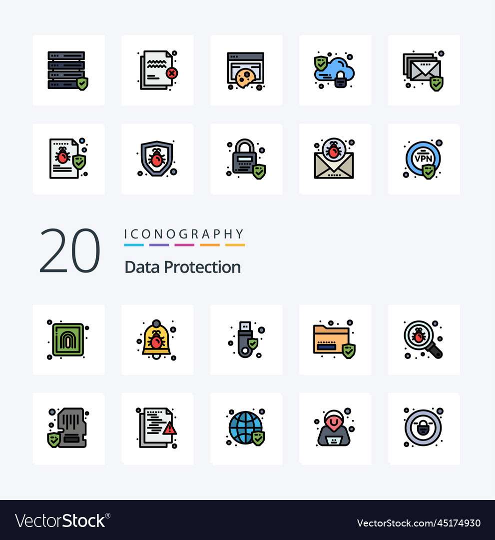 20 data protection line filled color icon pack Vector Image