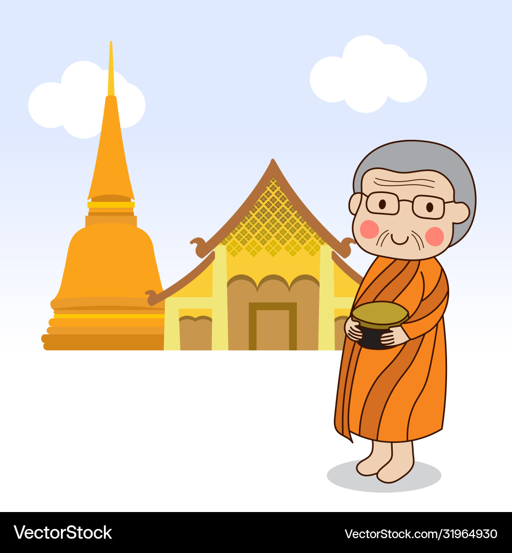 Buddhist monk holding alms bowl in hand Royalty Free Vector