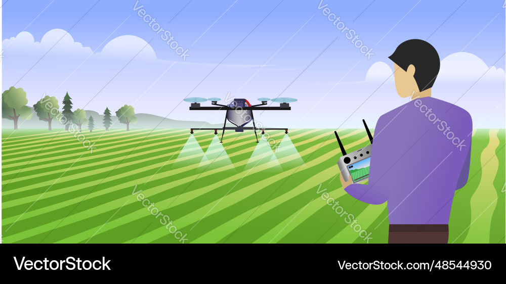 Farmer controlling drone spraying pesticide Vector Image