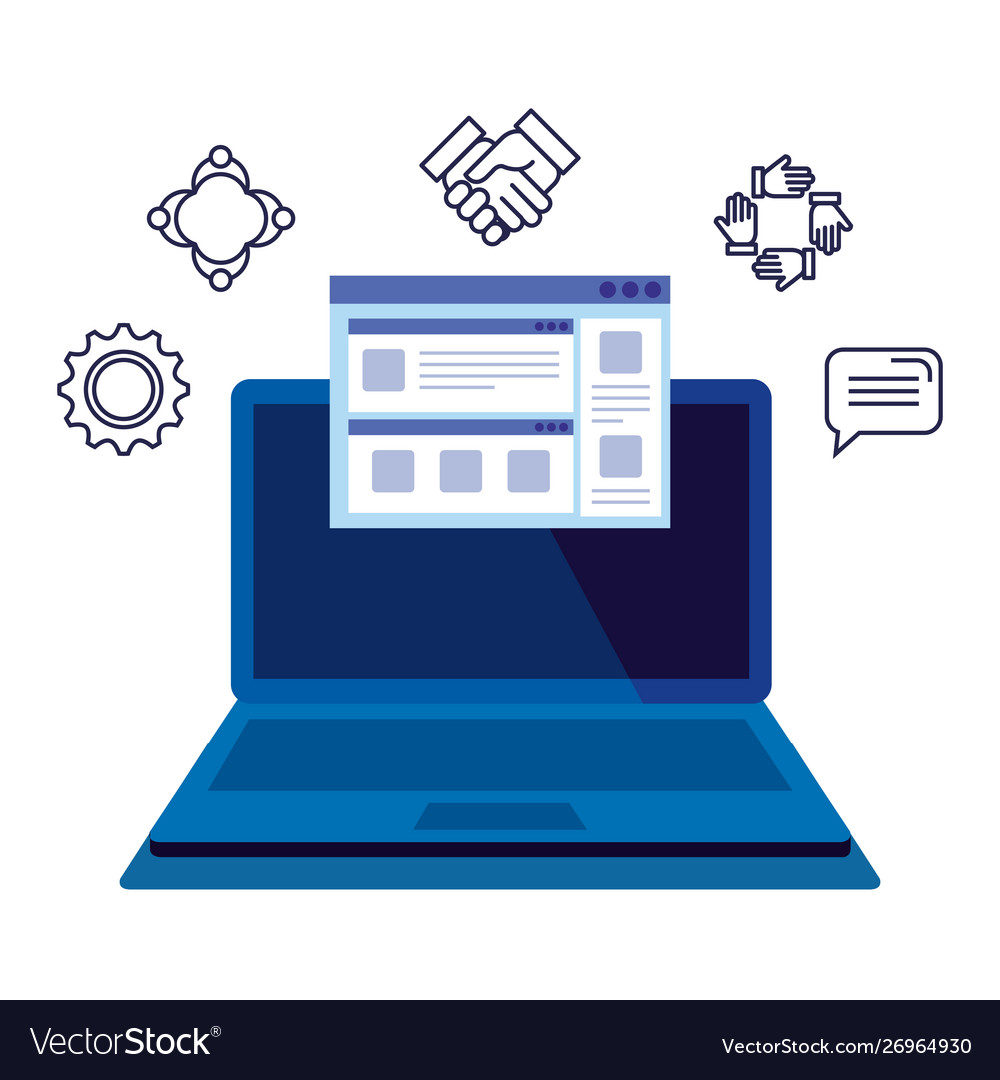 Laptop with webpage template and set icons Vector Image