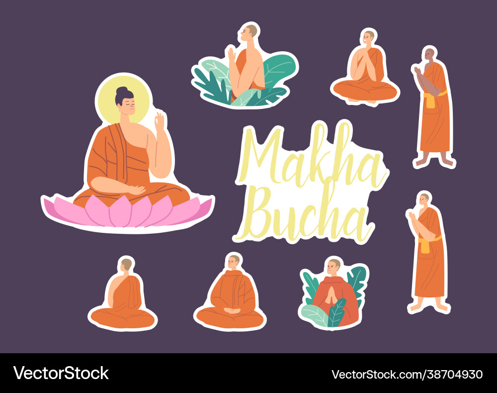 Set stickers makha bucha holiday buddha Royalty Free Vector