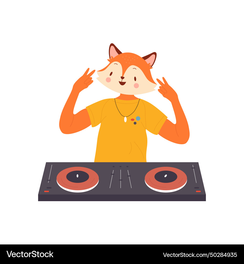 Cartoon funny dj fox standing at turntable Vector Image