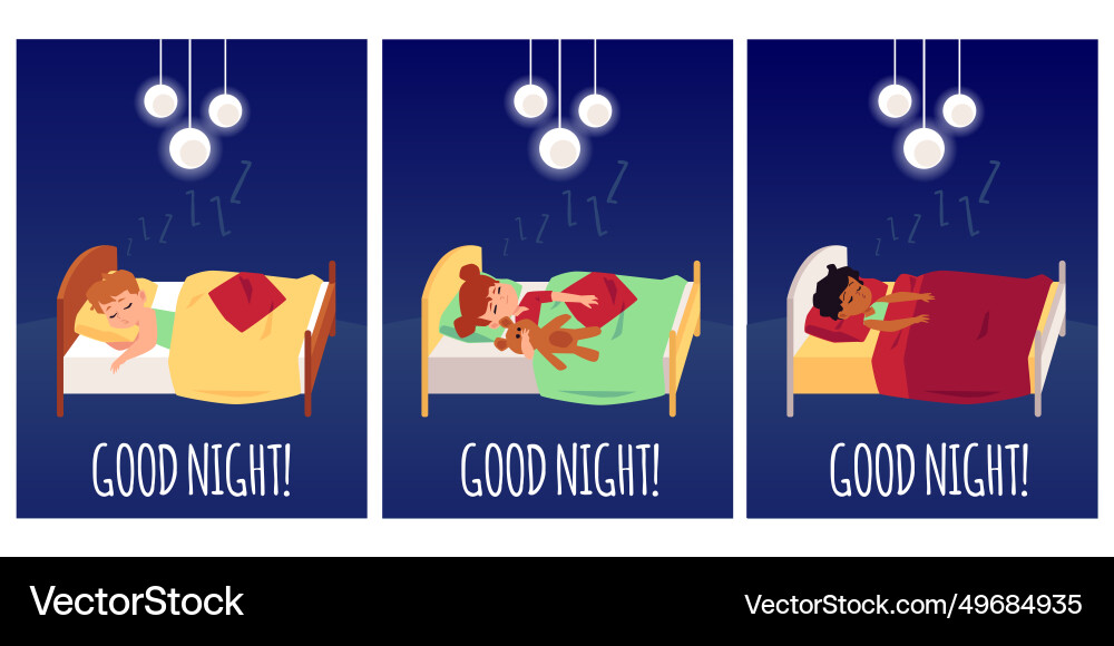 Children sleeping in bed - cartoon poster set Vector Image