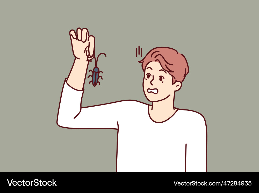 Man with bug in hand looks at insect and gets Vector Image