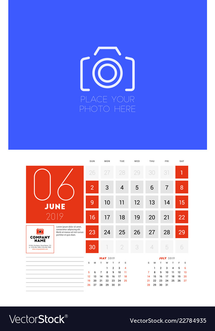 Wall calendar planner template for june 2019 week Vector Image