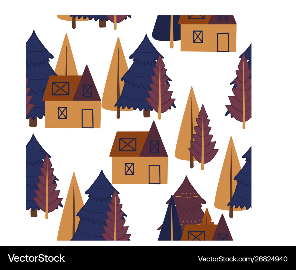 Autumn houses and trees in a seamless pattern Vector Image